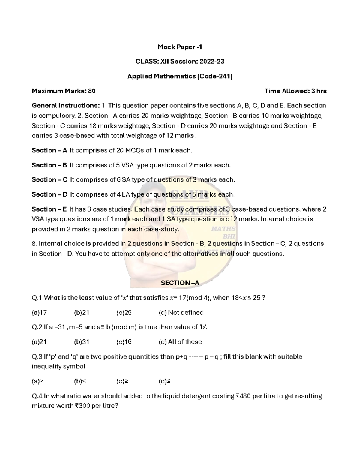 Mock Paper -1 Applied Maths 12 - Mock Paper - 1 CLASS: XII Session ...