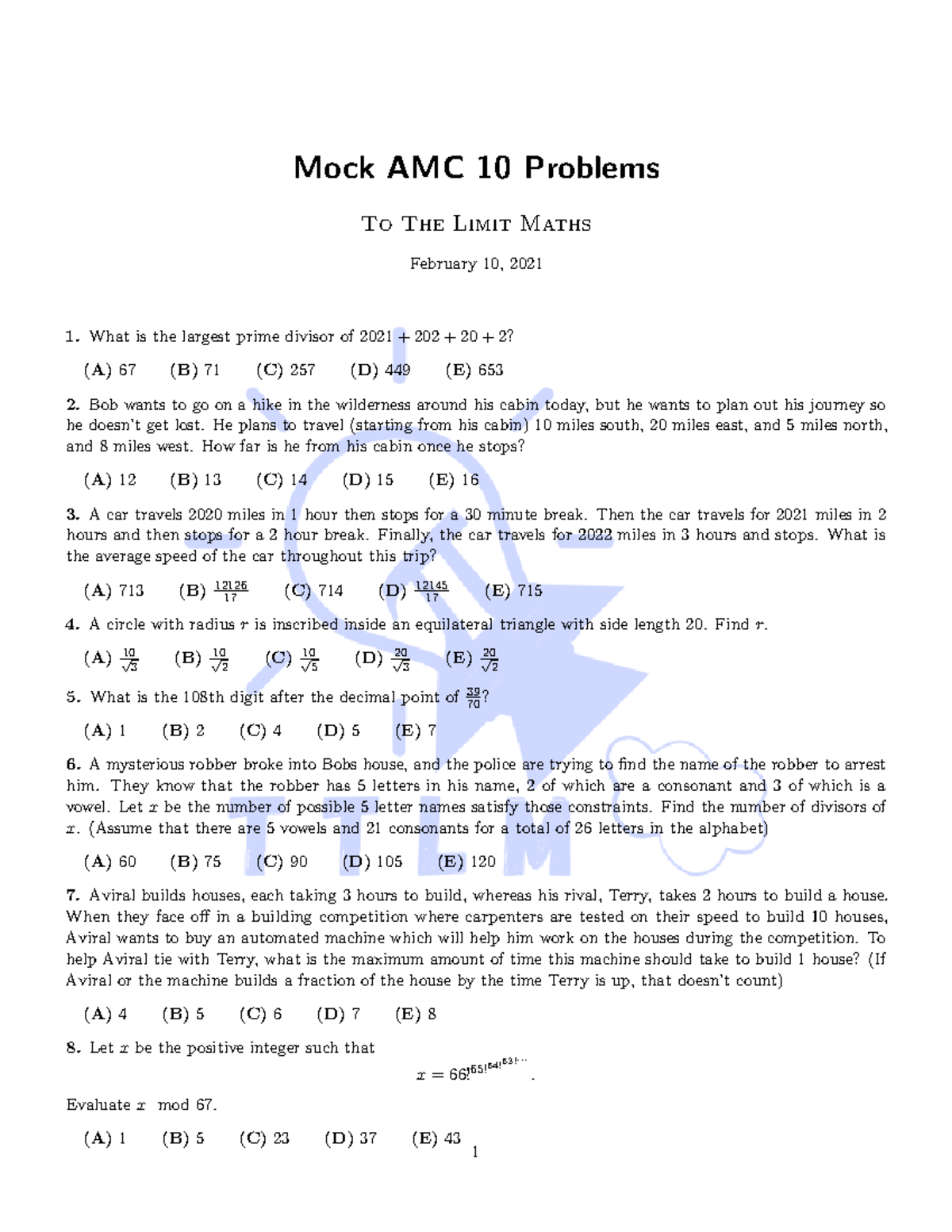 Mock AMC 10 Problems - Mock AMC 10 Problems To The Limit Maths February ...