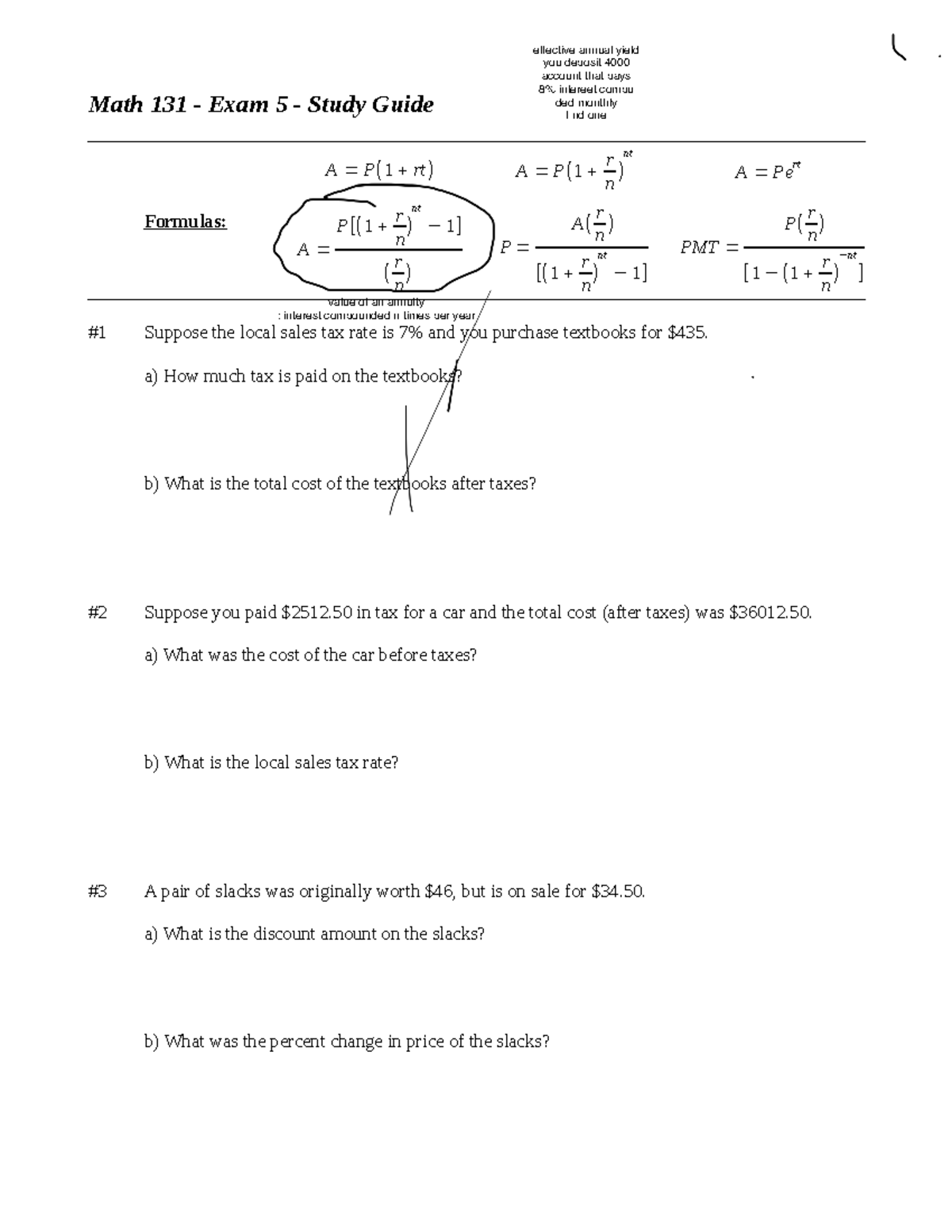 Math131Exam5Study Guide 1 - Math 131 - Exam 5 - Study Guide Formulas: A ...