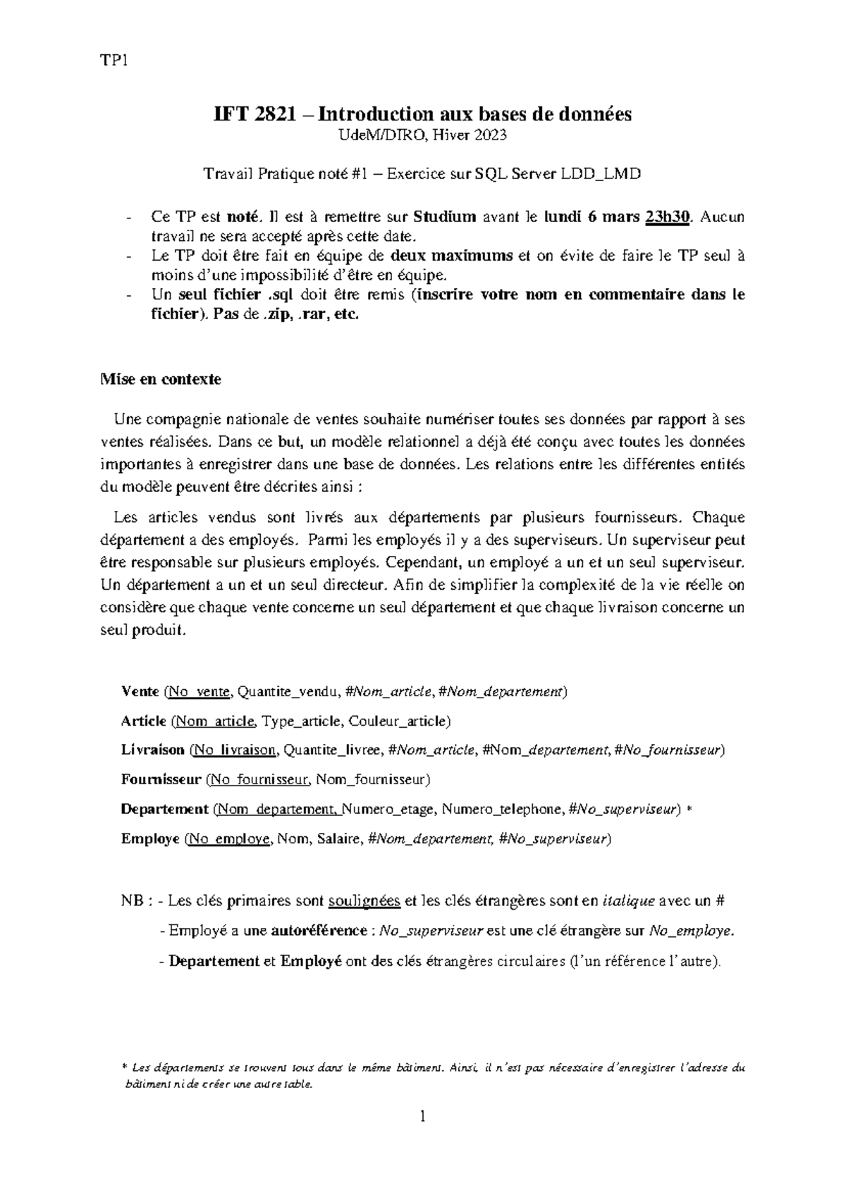 TP1 - Énoncé - tp 1 - IFT 2 821 – Introduction aux bases de données UdeM/DIRO, Hiver 2023 ...