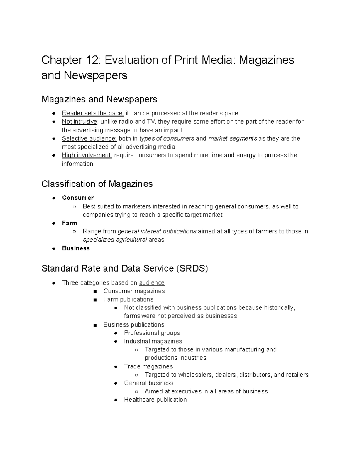 MKTG420 Ch12 - Chapter summary - Chapter 12: Evaluation of Print Media: Magazines and Newspapers ...