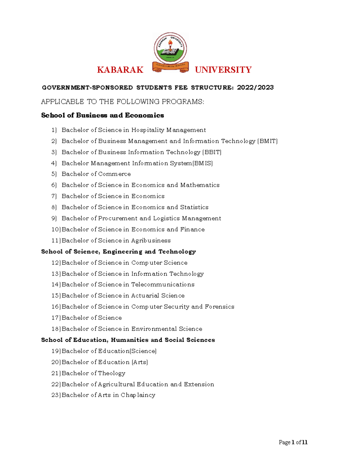 Fee structure government sponsored students - KABARAK UNIVERSITY ...