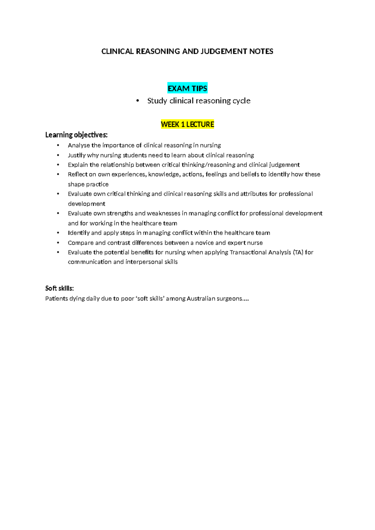 Clinical Reasoning AND Judgement Notes[ 7738] - CLINICAL REASONING AND ...