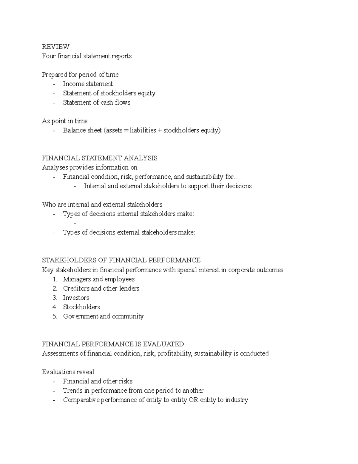 Chapter 9 - Lecture notes from summer mini term - REVIEW Four financial ...