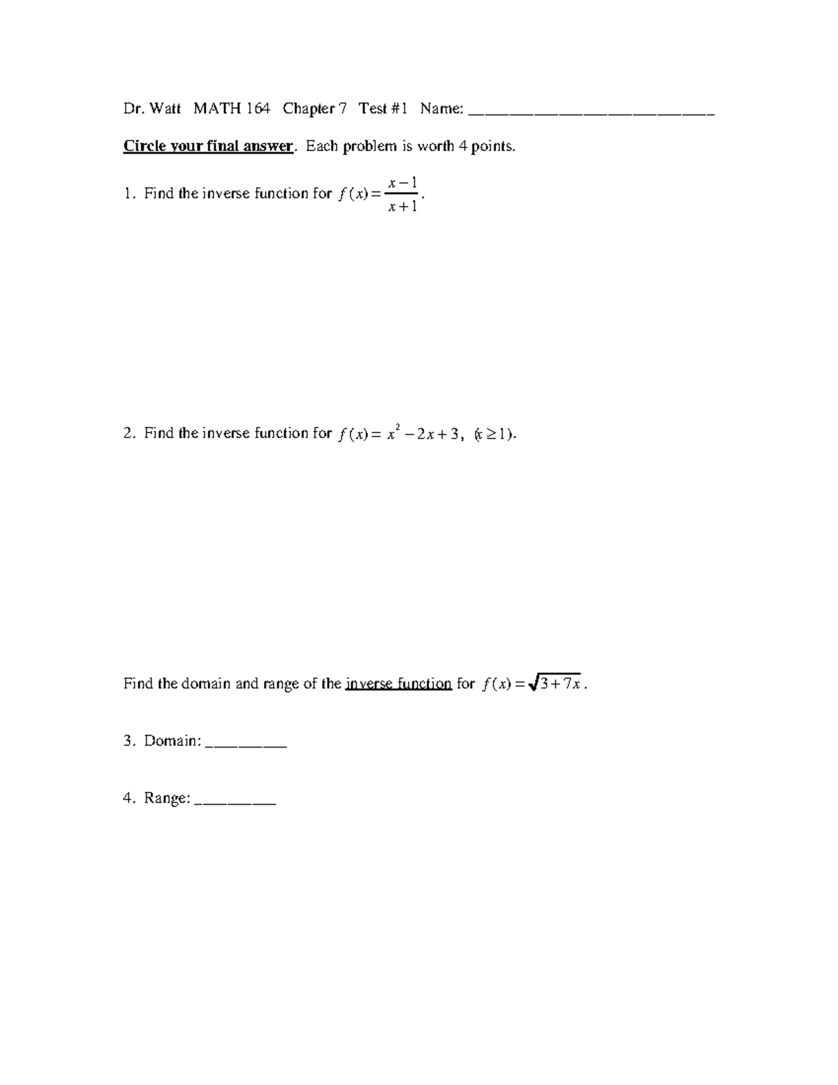 164Test Chapter 07 - Exam and solutions to MATH 164 (Now known as 166 ...