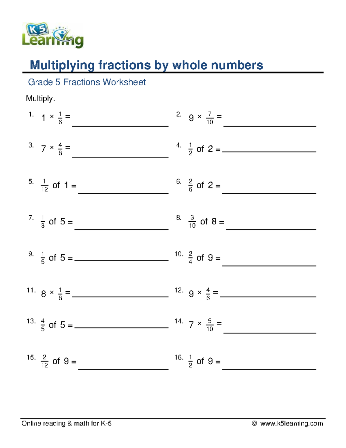 Grade 5 multiply fractions whole number a - Online reading & math for K ...