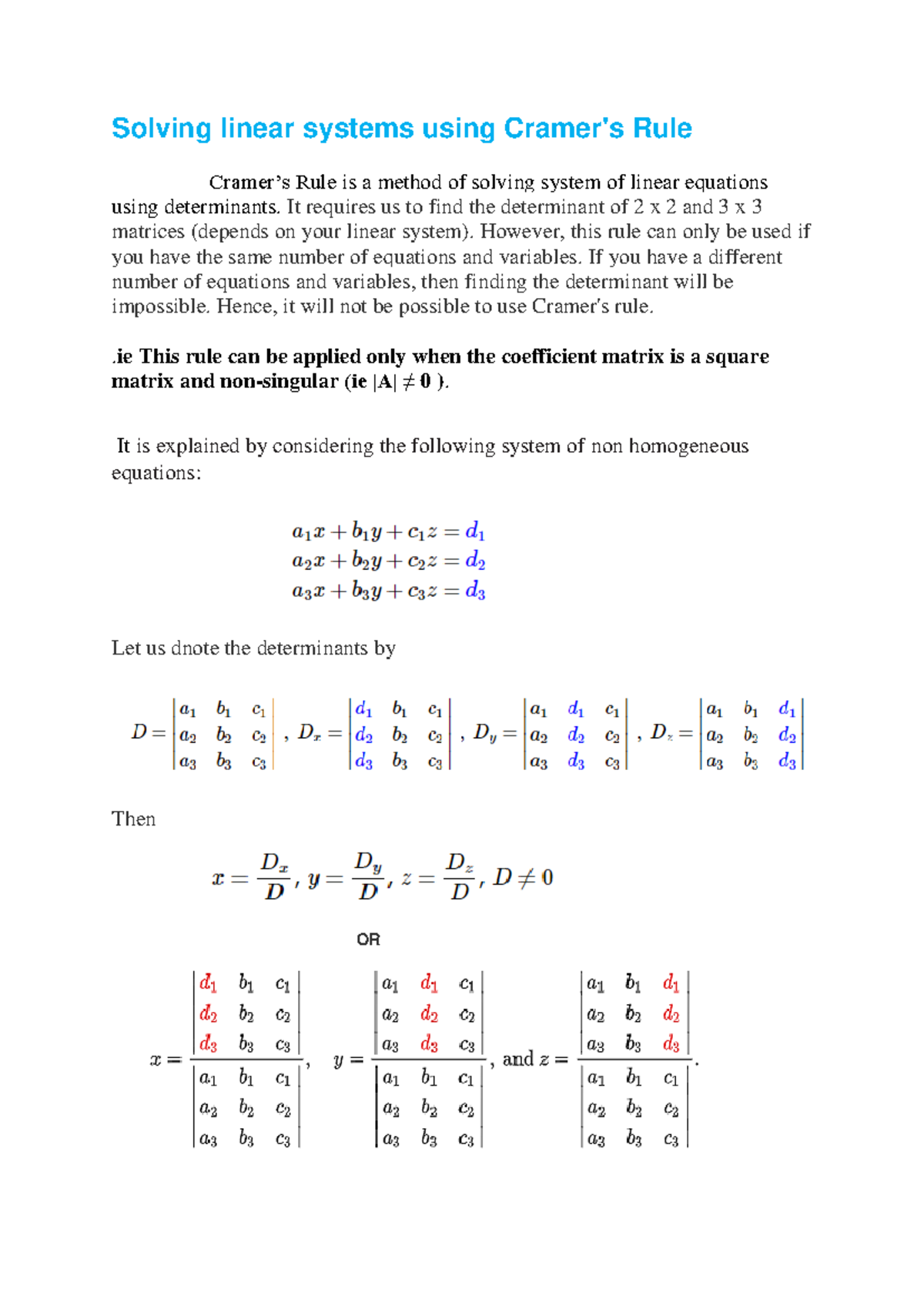 Cramer's Rule - Solving linear systems using Cramer's Rule - Solving linear systems using Cramer ...