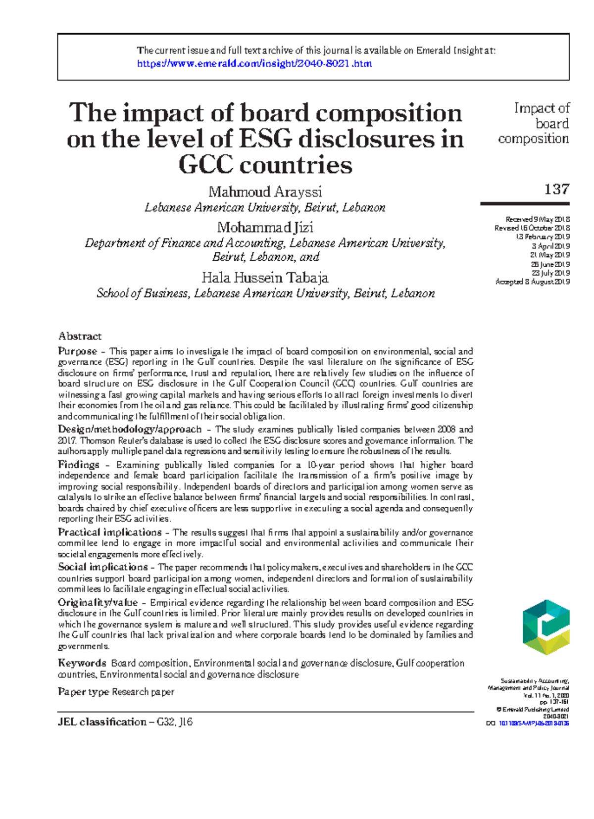 10-1108 Sampj-05-2018-0136 - The impact of board composition on the level of ESG disclosures in ...