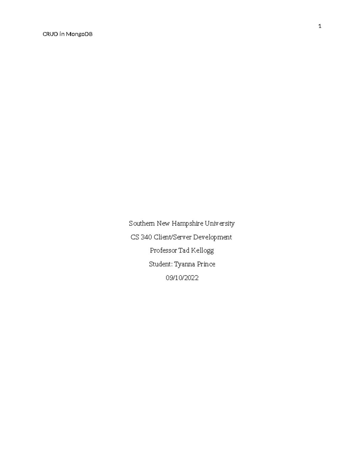 2 1 assignment - CRUD in MongoDB Southern New Hampshire University CS 340 Client/Server ...