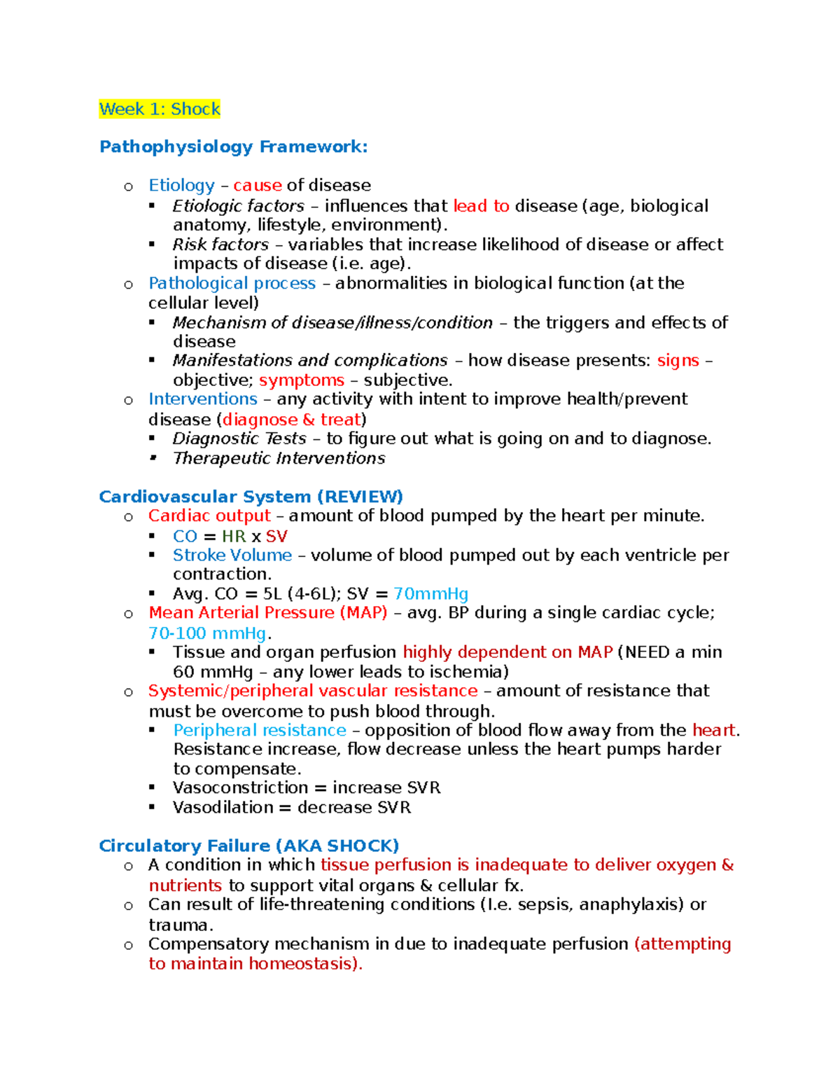 Week 1- Shock - Week 1: Shock Pathophysiology Framework: o Etiology ...