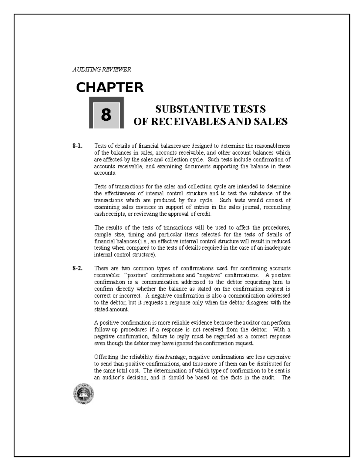 Substantive Tests OF Receivables AND Sales - AUDITING REVIEWER 8-1 ...