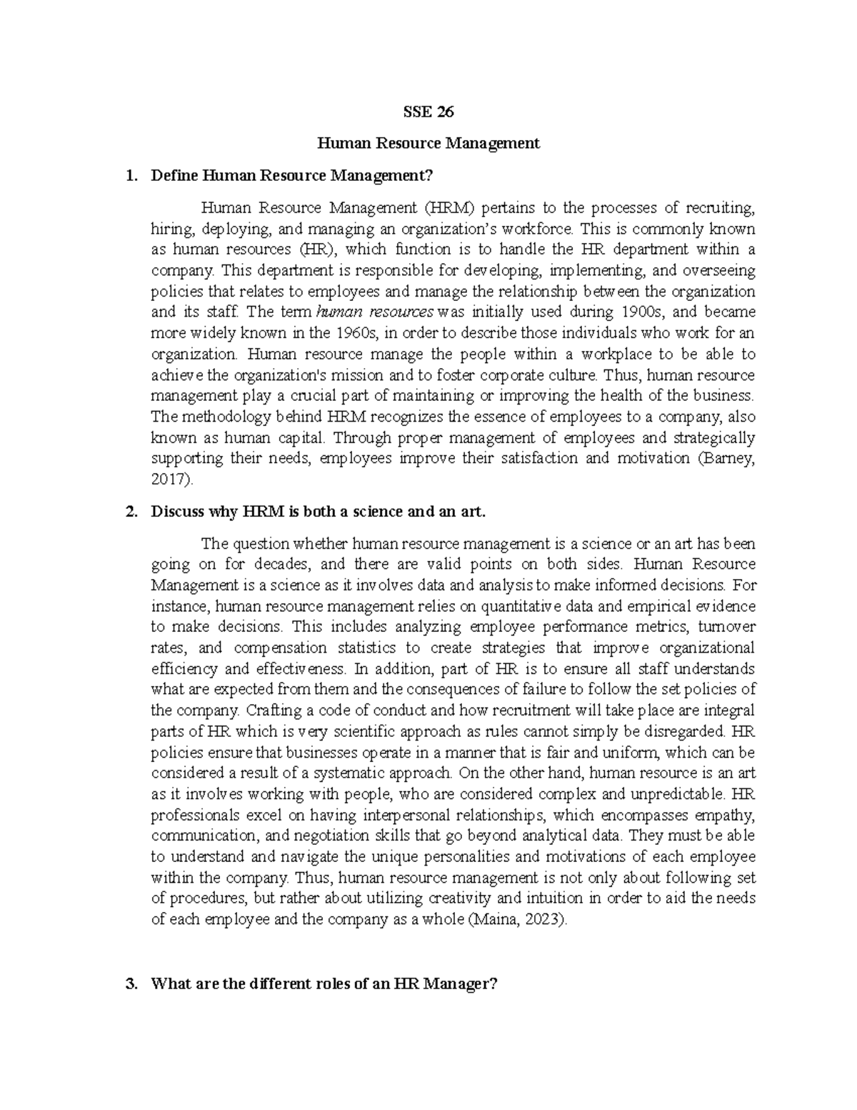 Assignement HR - human resource - SSE 26 Human Resource Management 1 ...