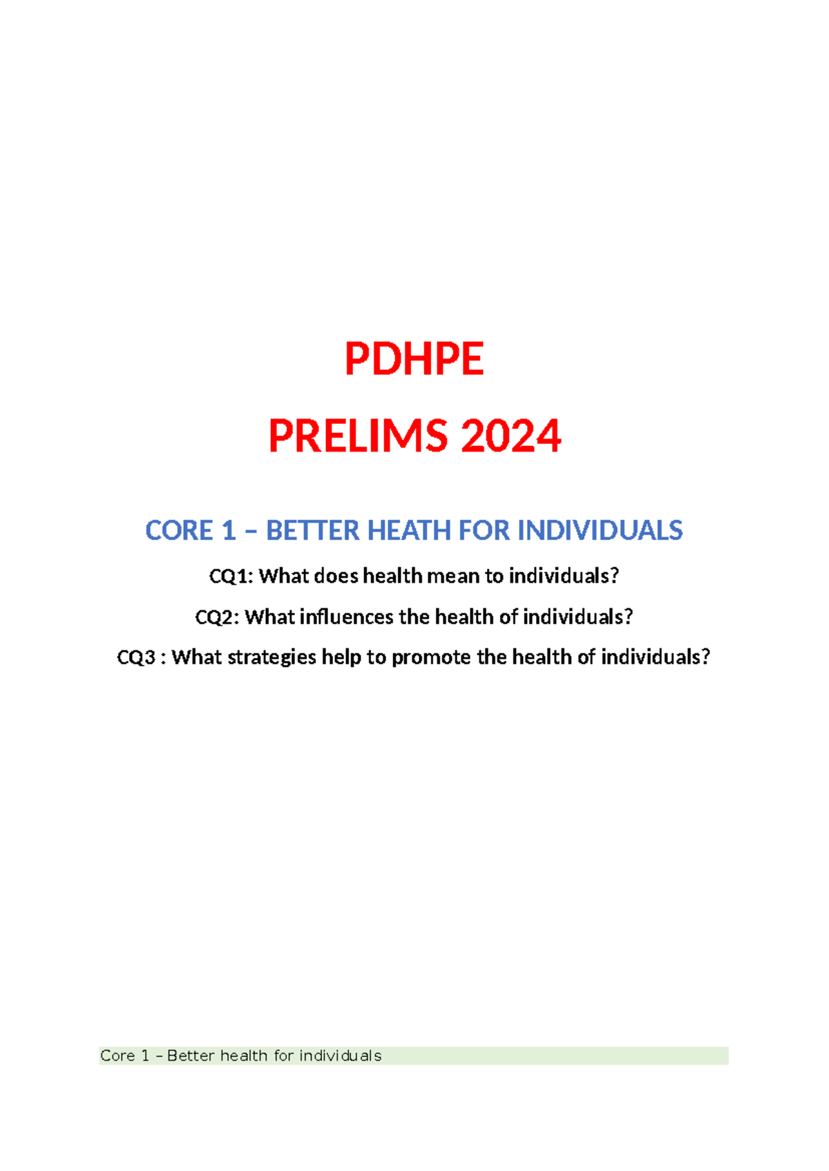 Better Health FOR Individuals - Prelims - PDHPE PRELIMS 2024 CORE 1 ...