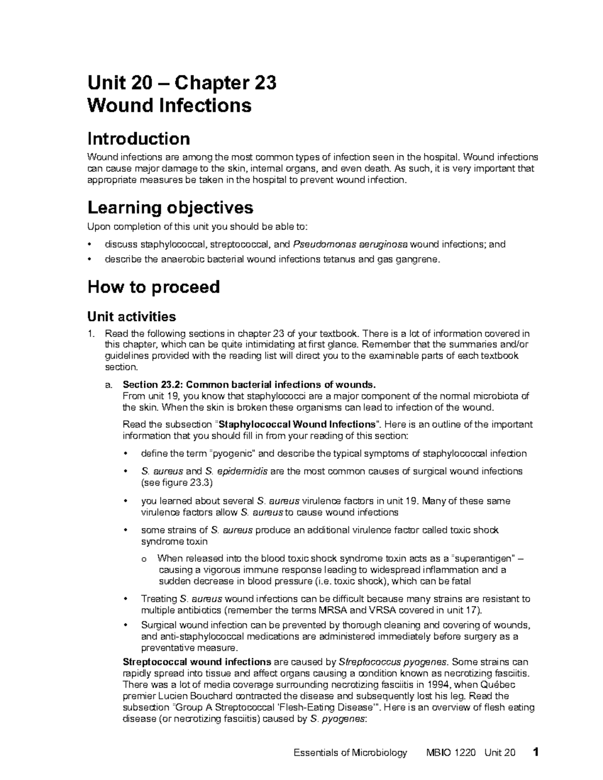 Unit20 9th ed - Essentials of Microbiology MBIO 1220 Unit 20 1 Unit 20 – Chapter 23 Wound ...