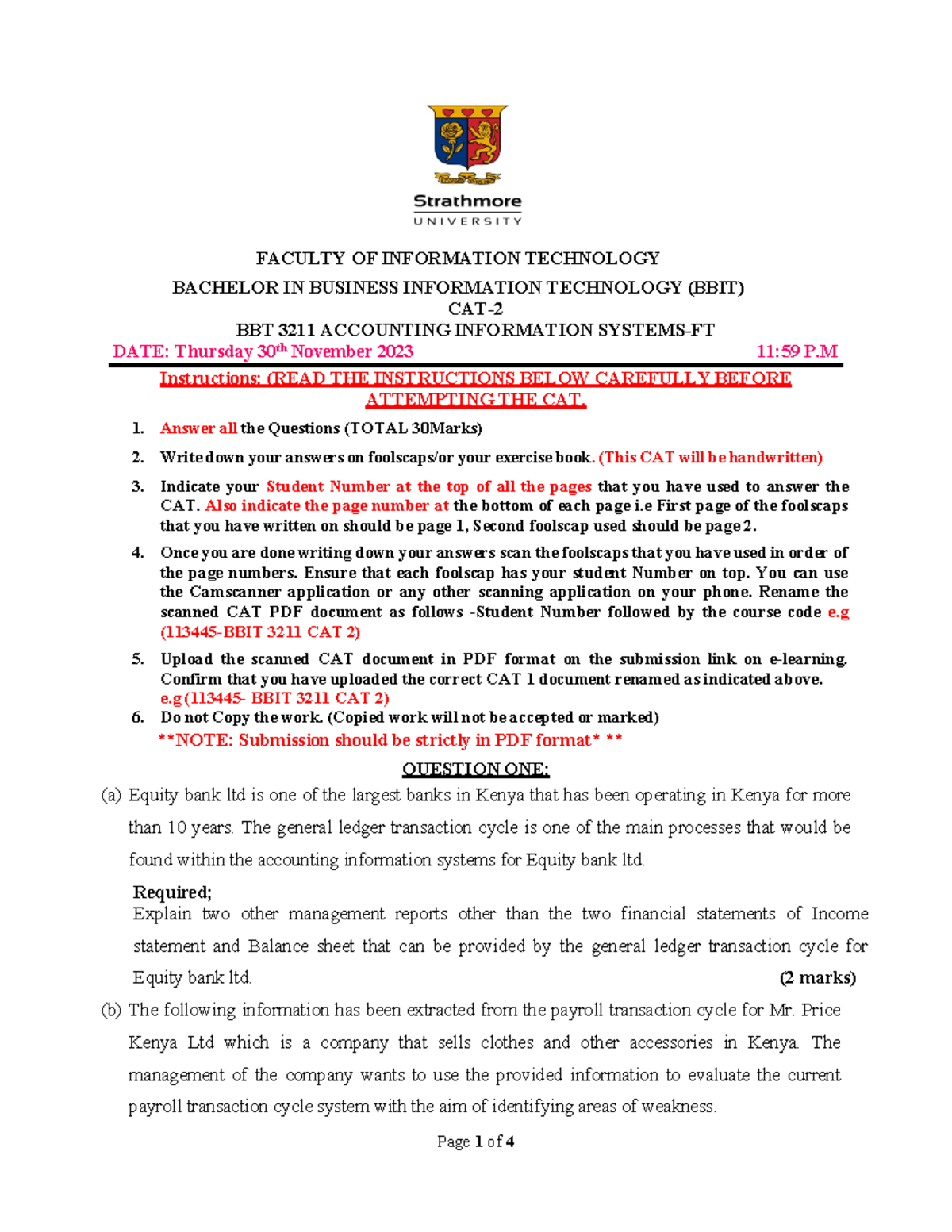 BBIT 3211 Accounting Information Systems AUG-DEC 2023-CAT 2 - FACULTY OF INFORMATION TECHNOLOGY ...