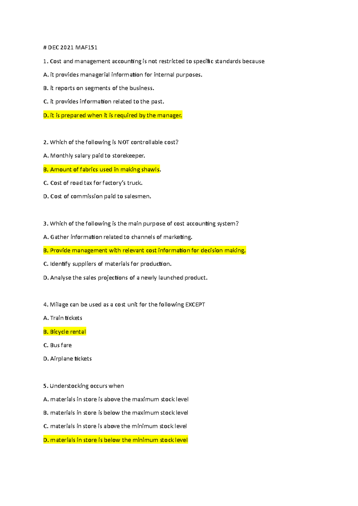 DEC 2021 MAF151 test 1 - # DEC 2021 MAF Cost and management accounting ...
