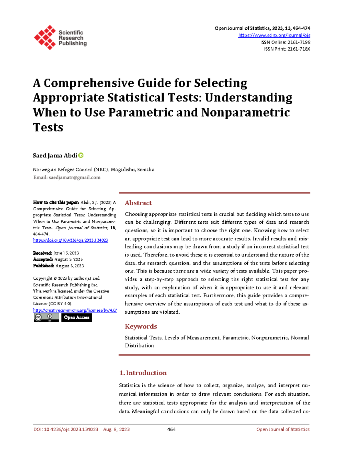 TEst Selection Article - Open Journal of Statistics, 20 23 , 13 , 464 ...