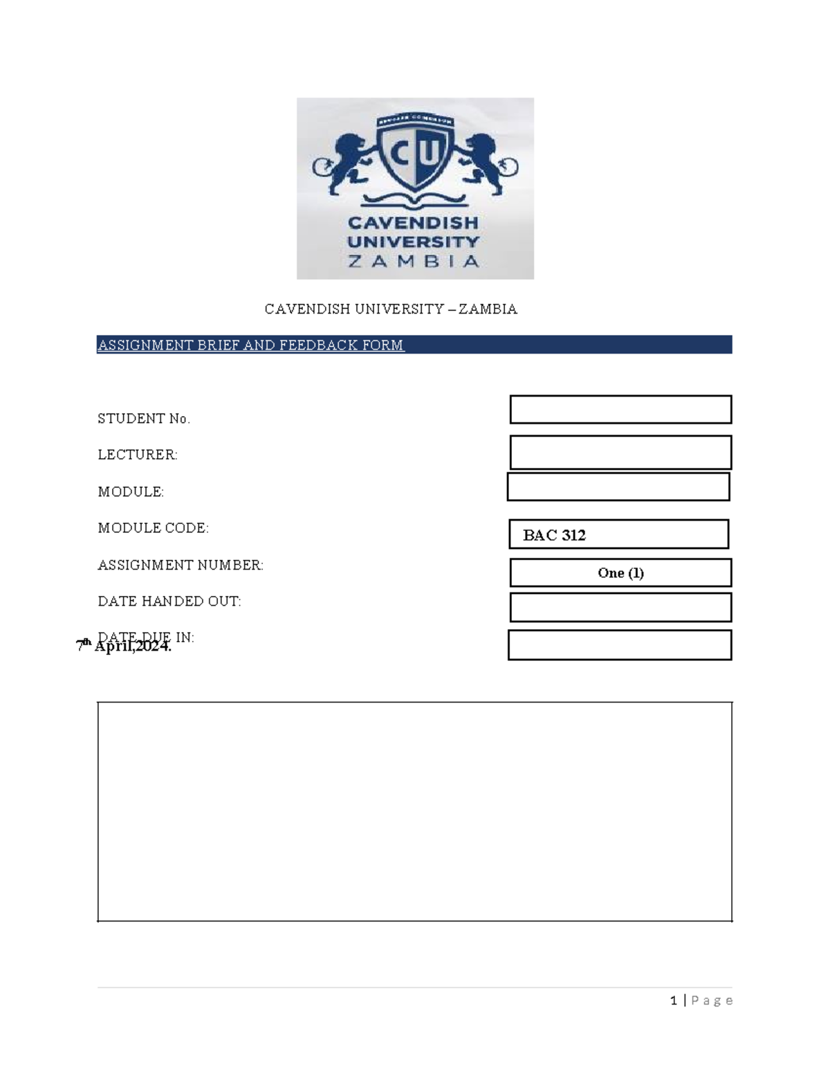 Audit Assign - CAVENDISH UNIVERSITY – ZAMBIA ASSIGNMENT BRIEF AND ...