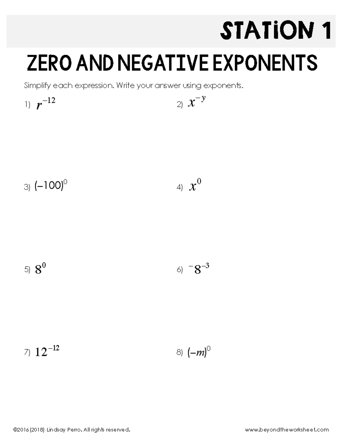Kelly Percy - Exponent Stations - Zero and negative exponents Simplify ...
