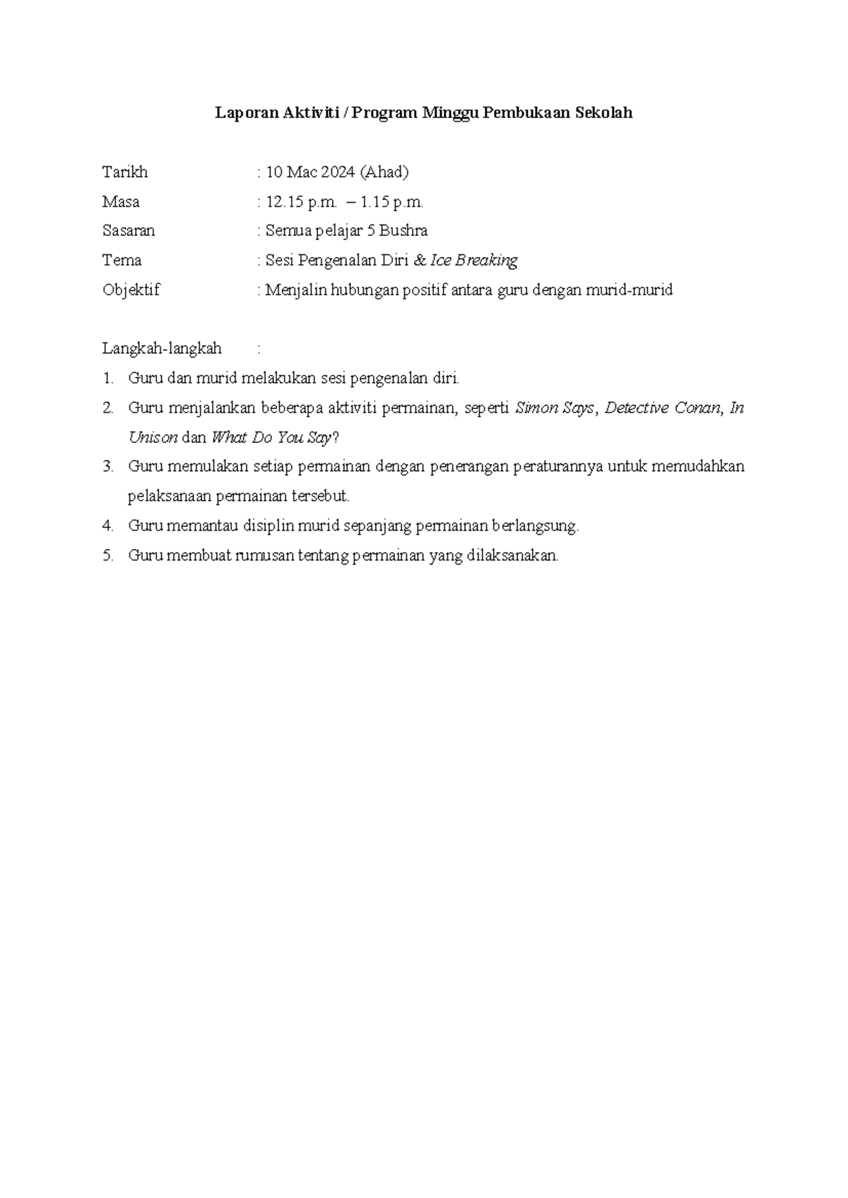 Laporan Aktiviti Minggu Orientasi 2024 25 - Laporan Aktiviti / Program ...