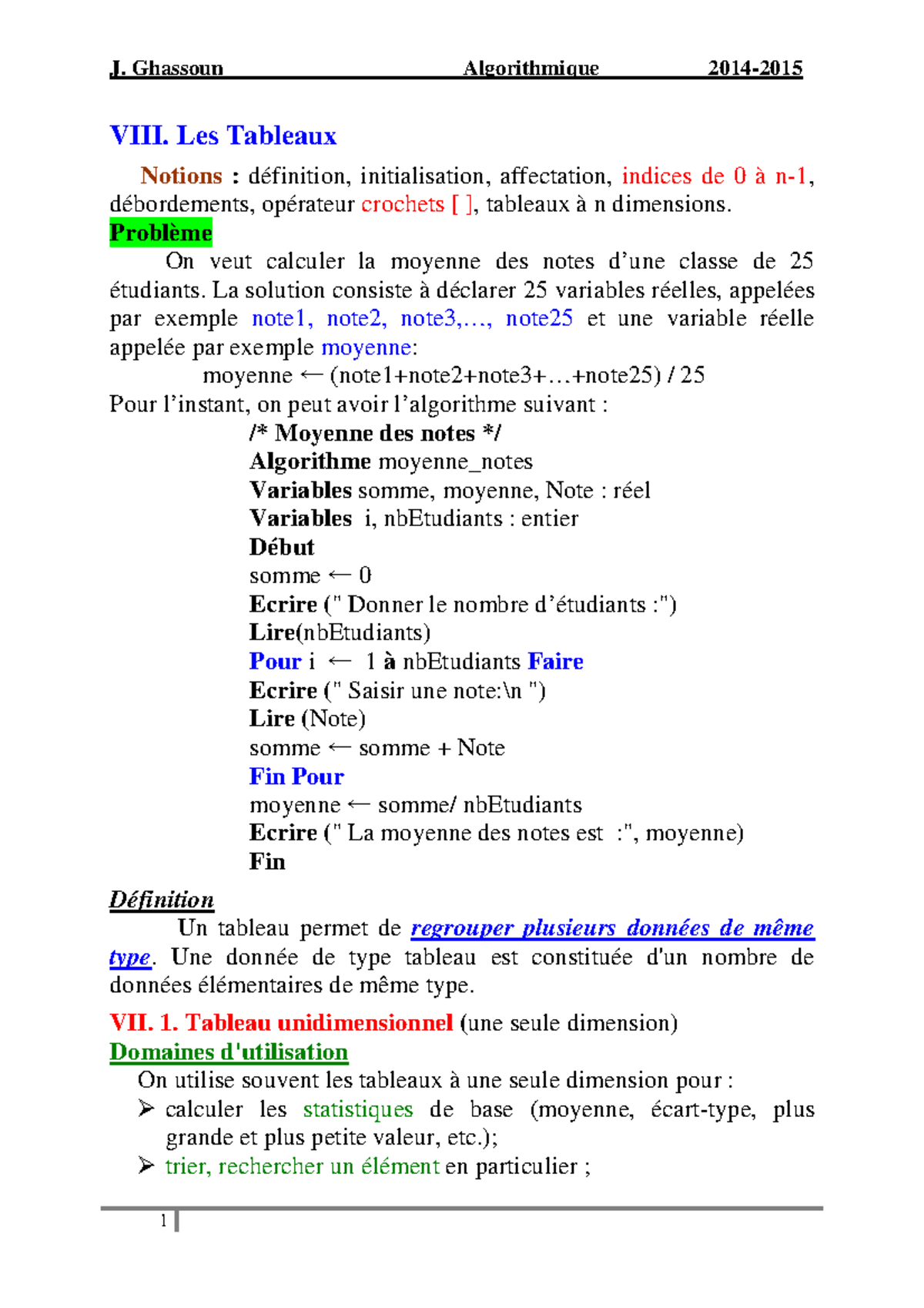 Cours Algorithmique Seance 7 - VIII. Les Tableaux Notions : définition ...