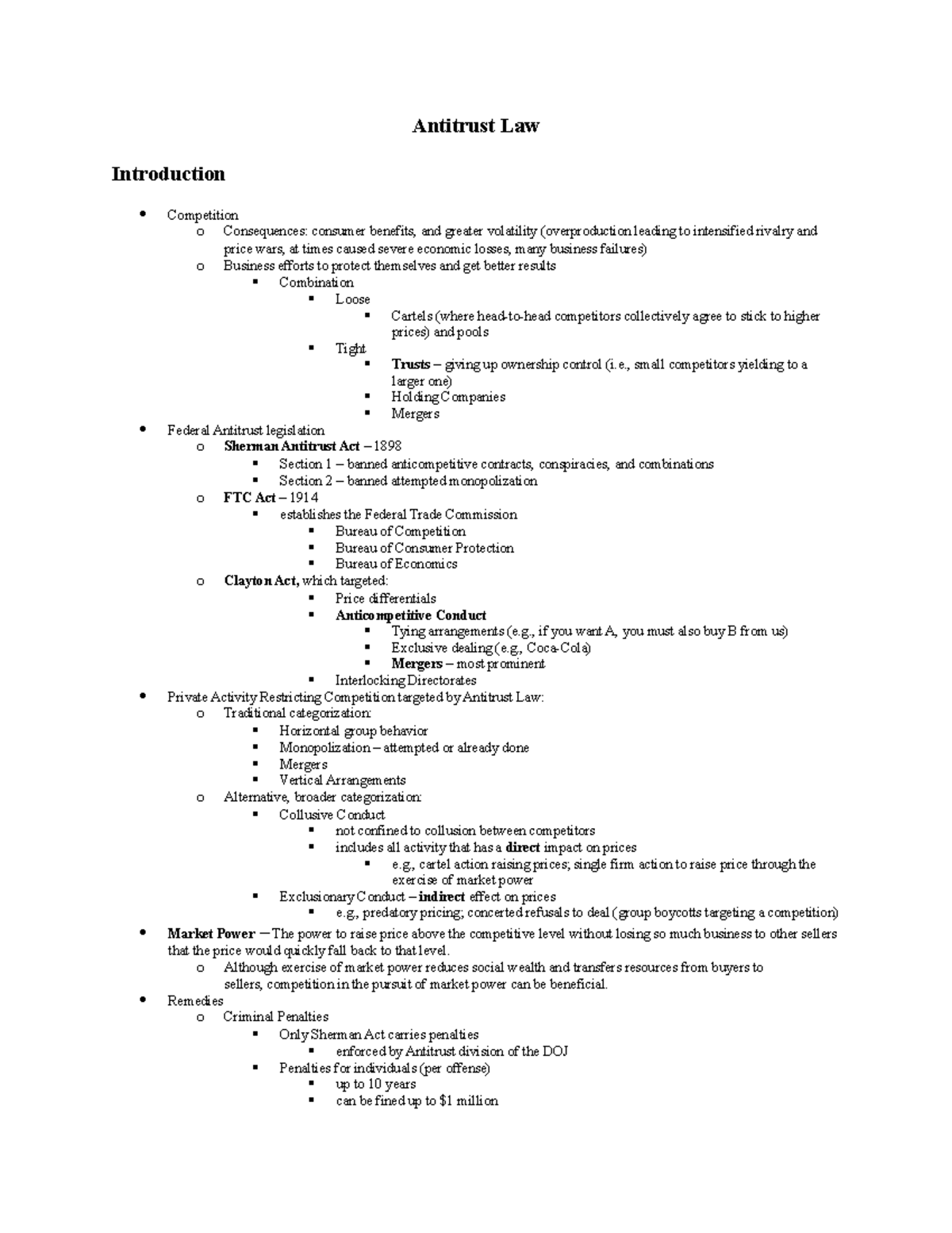 Antitrust Outline - Antitrust Law Introduction Competition o ...