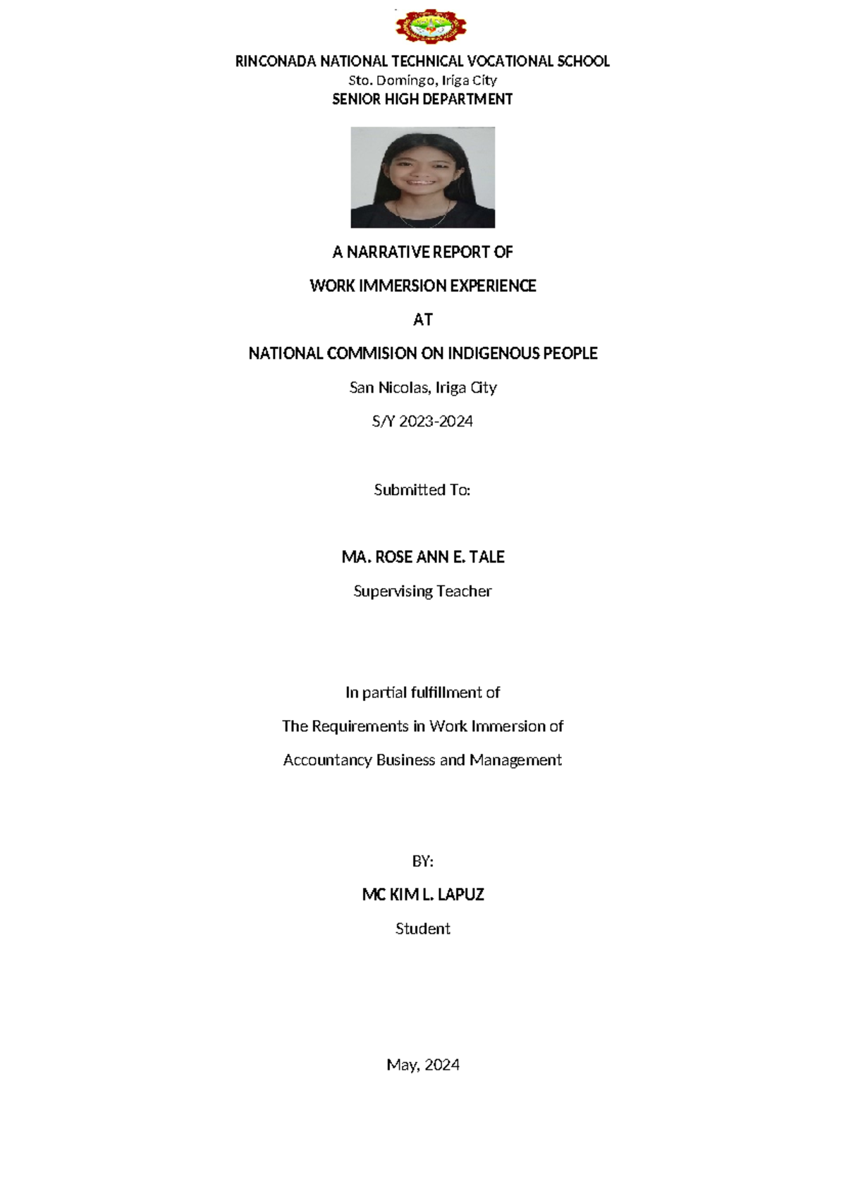 Kimmy portfolio - Sto. Domingo, Iriga City SENIOR HIGH DEPARTMENT A ...