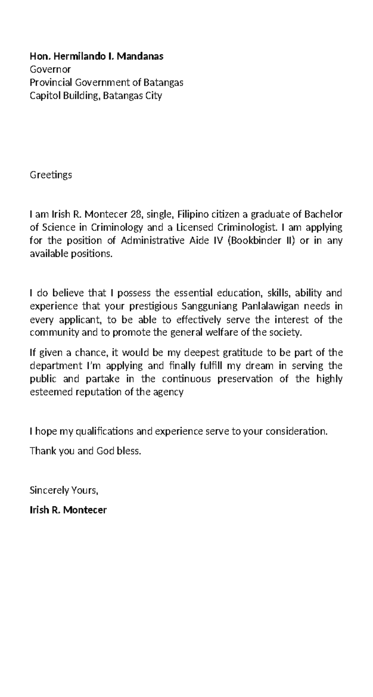 Application Letter - FOR BIT STUDENTS - Hon. Hermilando I. Mandanas ...