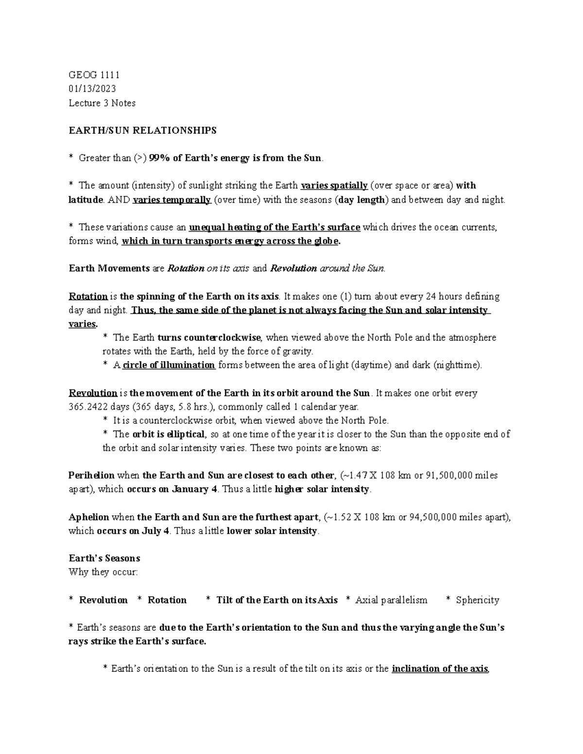 GEOG Lecture 3 - NOTES - GEOG 1111 01/13/ Lecture 3 Notes EARTH/SUN ...