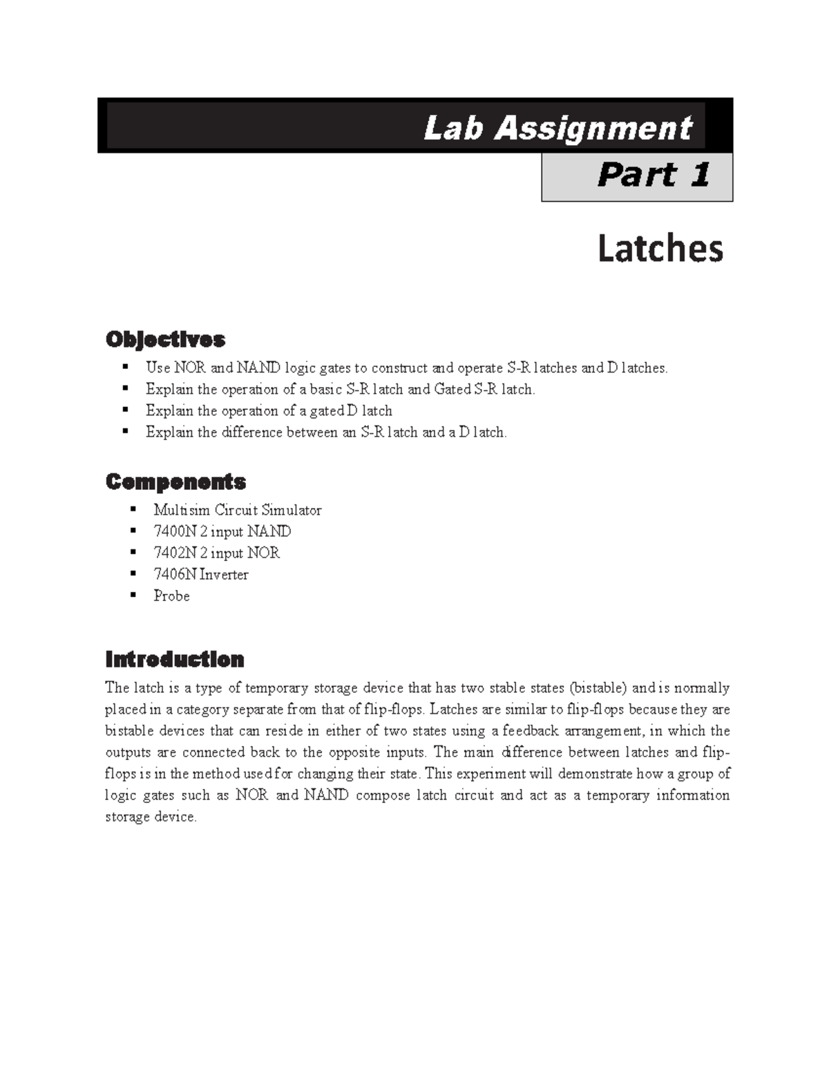 EET230 Lab Assignment 1-1 Latches - Latches Objectives Use NOR and NAND ...