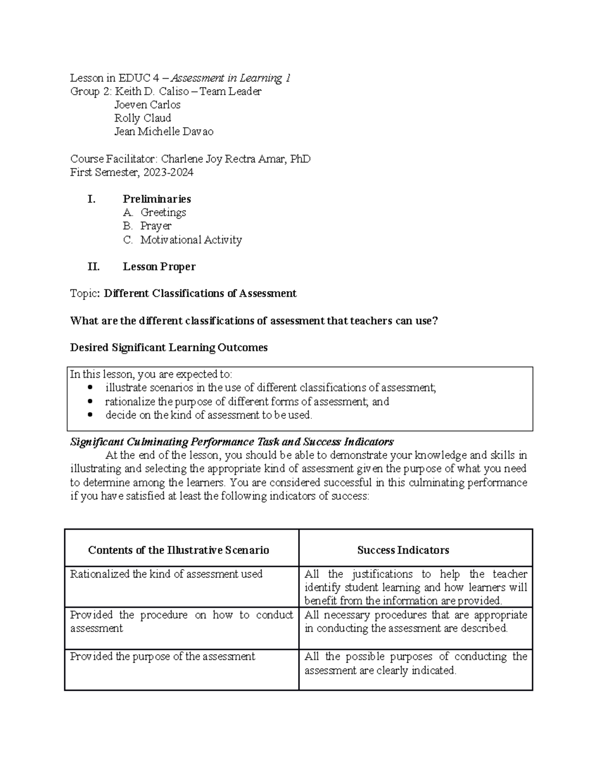 Lesson in EDUC 4 Assessment in Learning - Lesson in EDUC 4 – Assessment in Learning 1 Group 2 ...