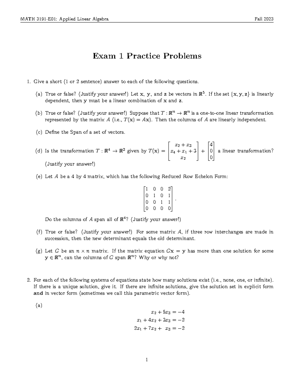 Practice exam for linear algebra - Exam 1 Practice Problems Give a ...