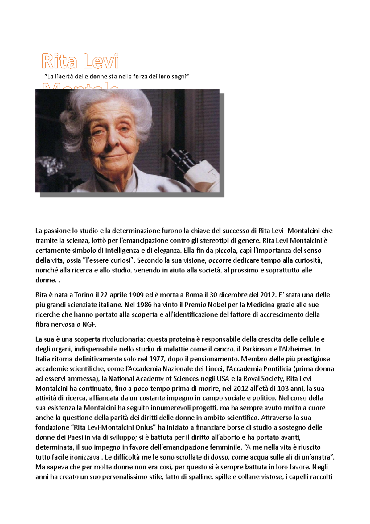 Ricerca RITA LEVI Montalcini - “La libertà delle donne sta nella forza ...