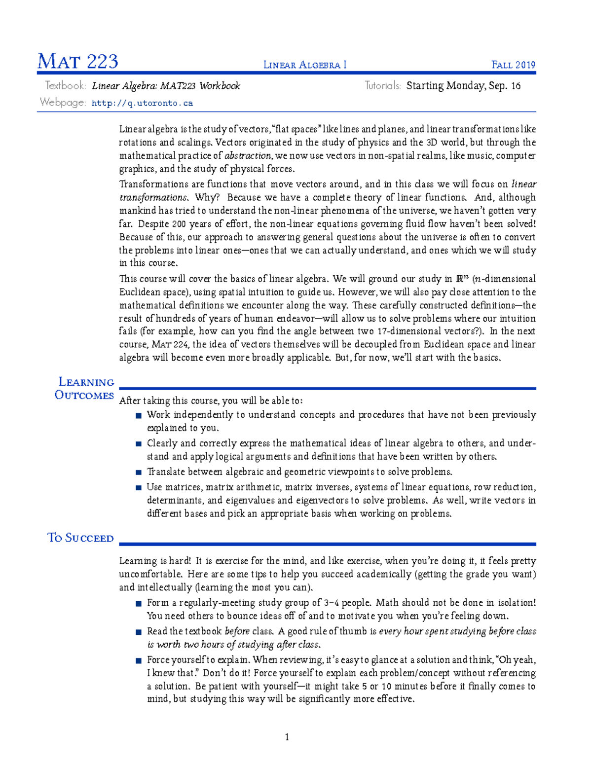 Mat223 syllabus - Mat 223 Linear Algebra I Fall 2019 Textbook: Linear ...
