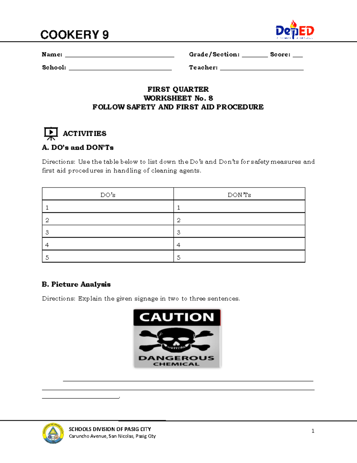 TLE Cookery 9-Q1-DW8 - BTLEd - 1 COOKERY 9 SCHOOLS DIVISION OF PASIG ...