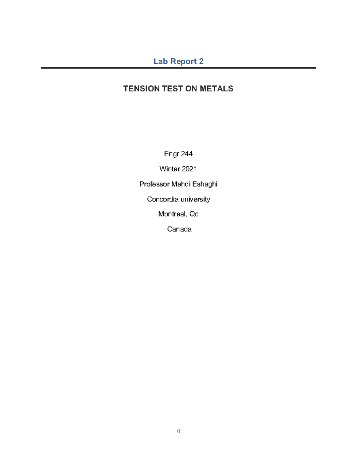 Lab 2- Tensile Test on Metals - 0 Lab Report 2 TENSION TEST ON METALS ...