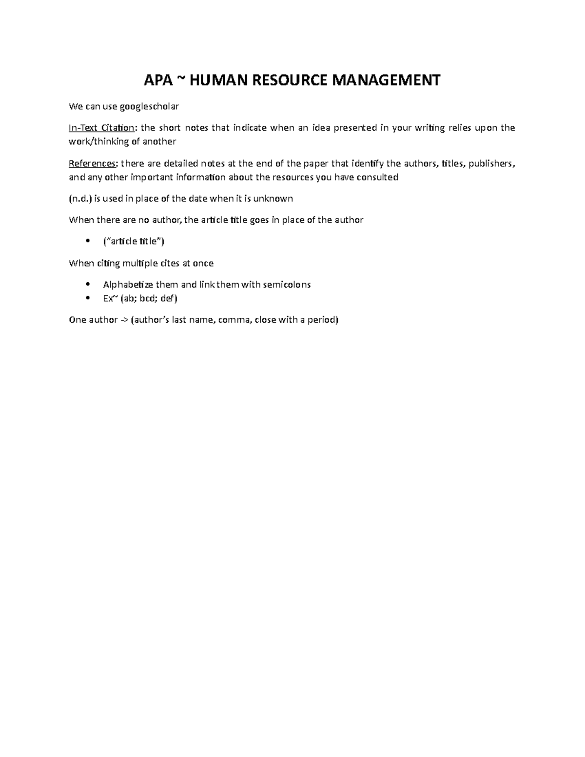 APA Citation - Lecture notes all - APA ~ HUMAN RESOURCE MANAGEMENT We ...