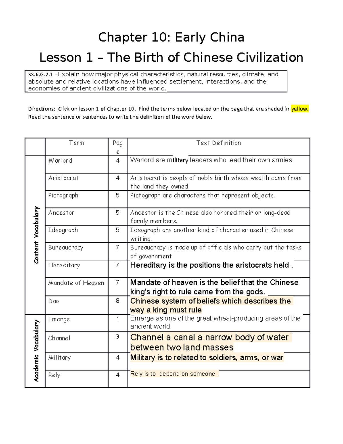 Ancient China Day 3 - bh - Chapter 10: Early China Lesson 1 – The Birth ...