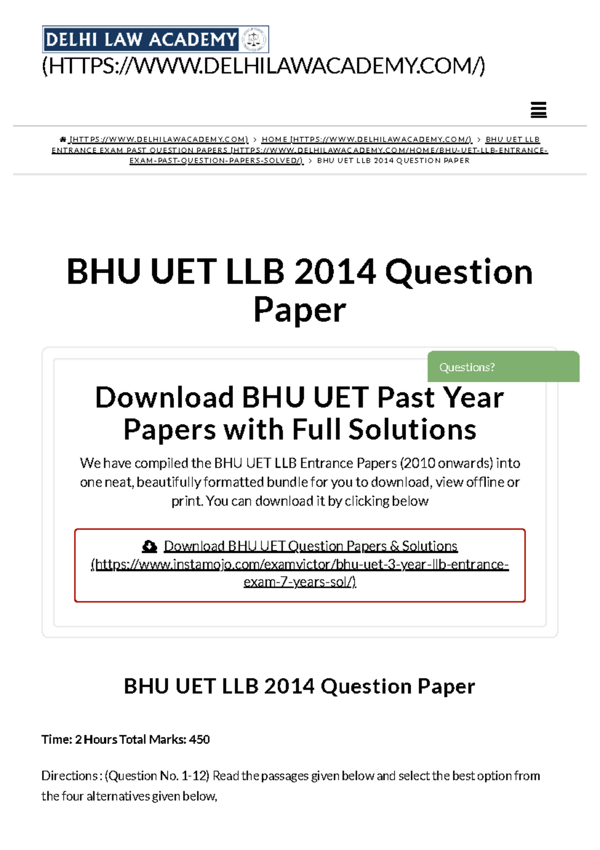 BHU UET LLB 2014 Question Paper - Delhi Law Academy - ( HTTPS:WWW ...