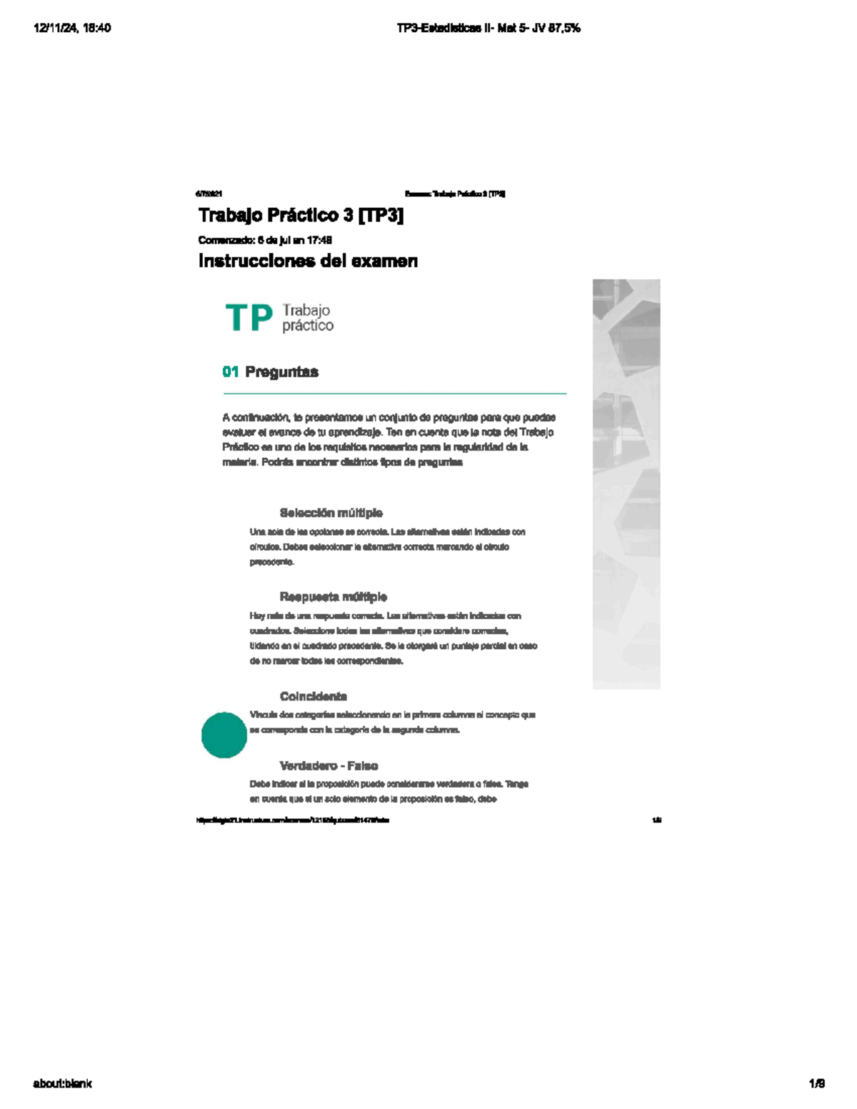 TP 3 Estadisticas II 88 MATI - 18:40 Mat JV Examen: Trabajo Práctico 3 Trabajo Práctico 3 ...