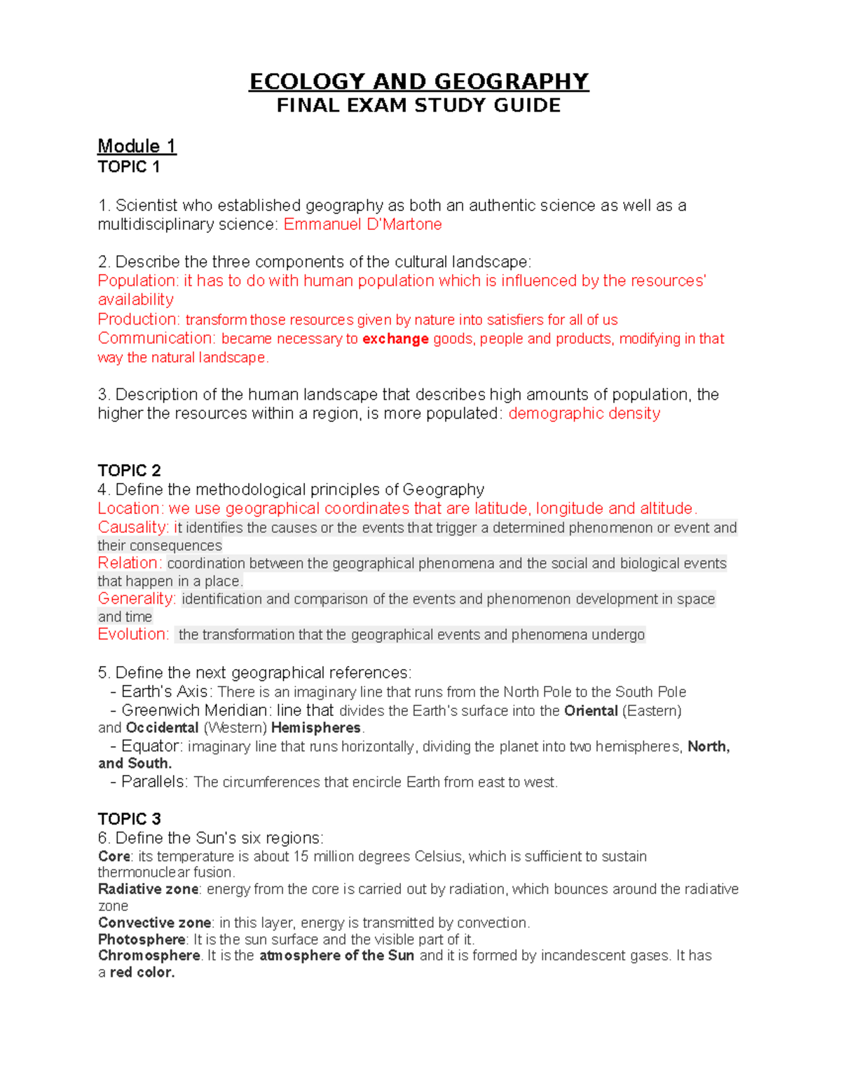 Final exam study guide (Eco & Geo)-1 - ECOLOGY AND GEOGRAPHY FINAL EXAM ...