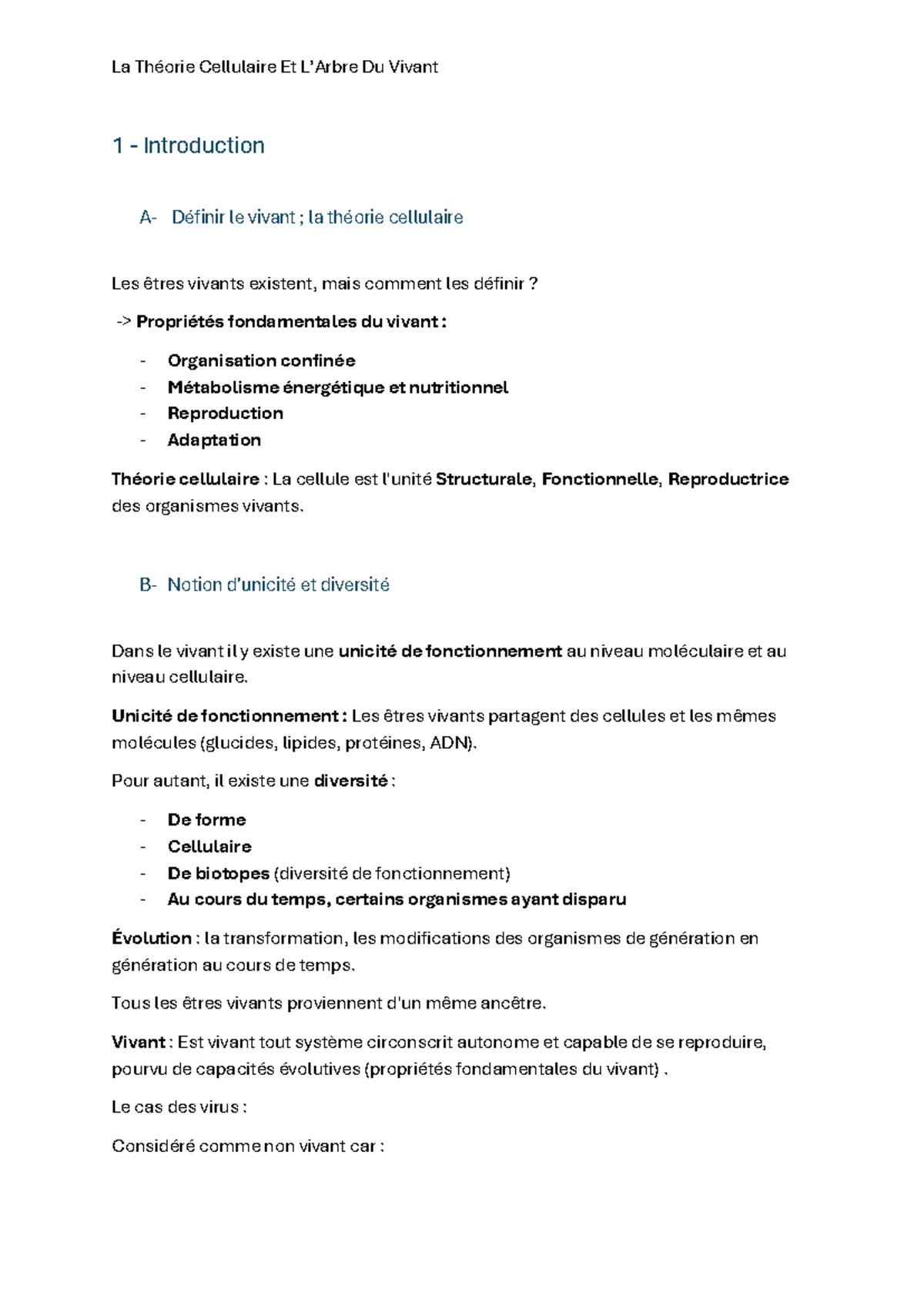 SV- théorie cellulaire et arbre du vivant - 1 - Introduction A- Définir ...