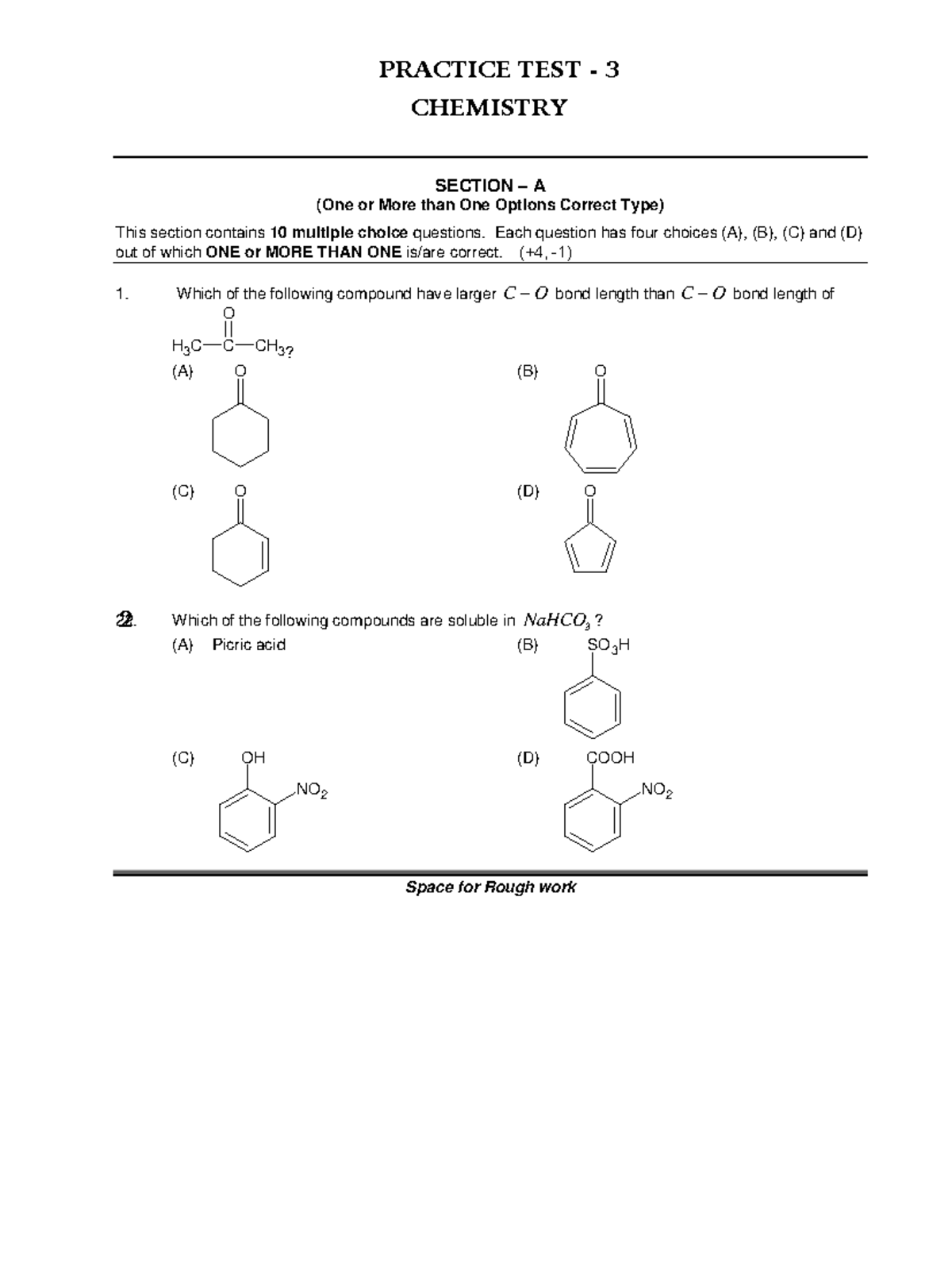 Chemistry Practice Test - 3 - SECTION – A (One or More than One Options ...