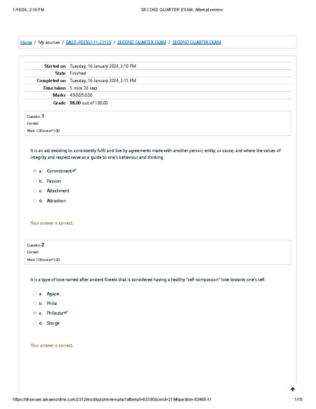 Perdev EXAM - Home / My courses / BAED-PDEV2111-2312S / SECOND QUARTER ...