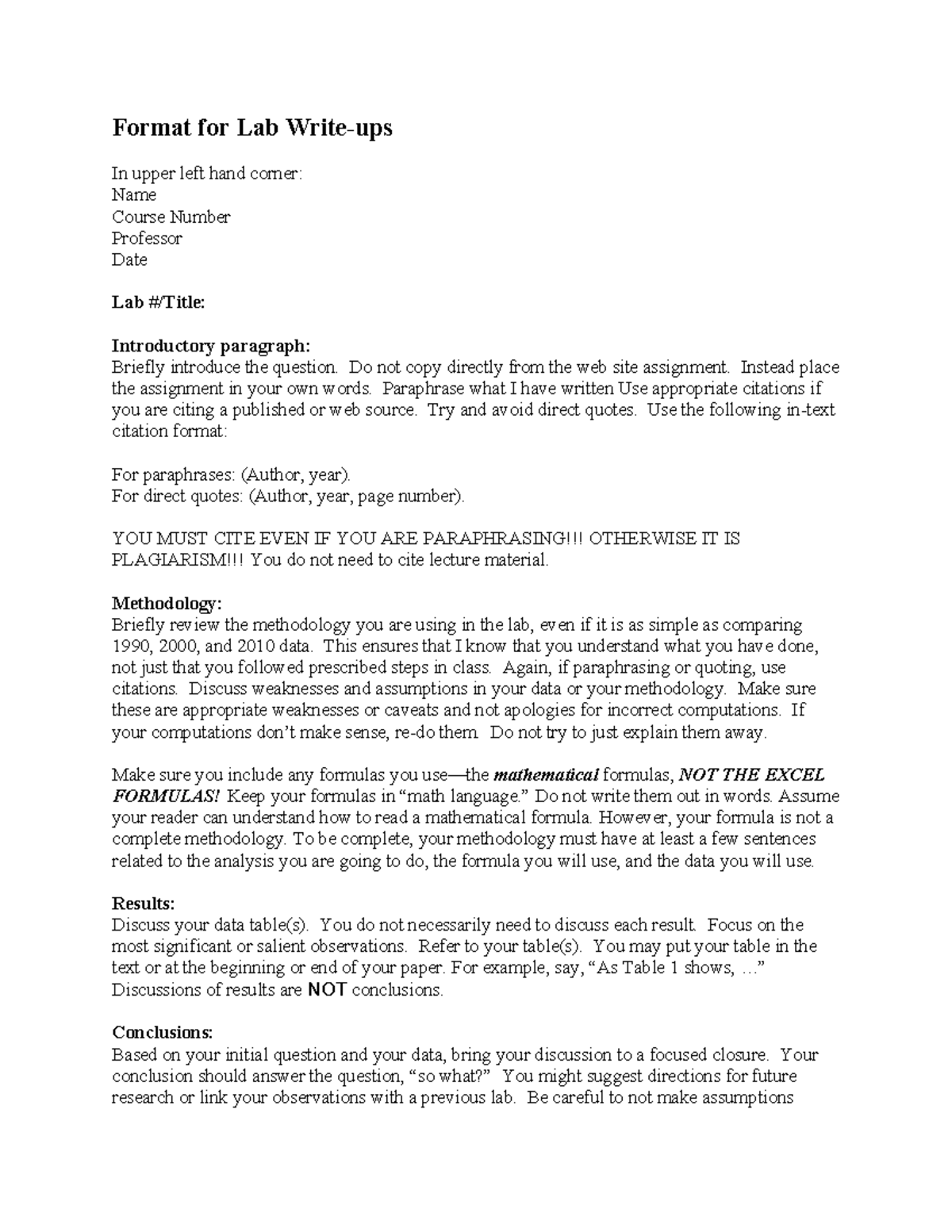 Format for Lab Write-up - Do not copy directly from the web site ...
