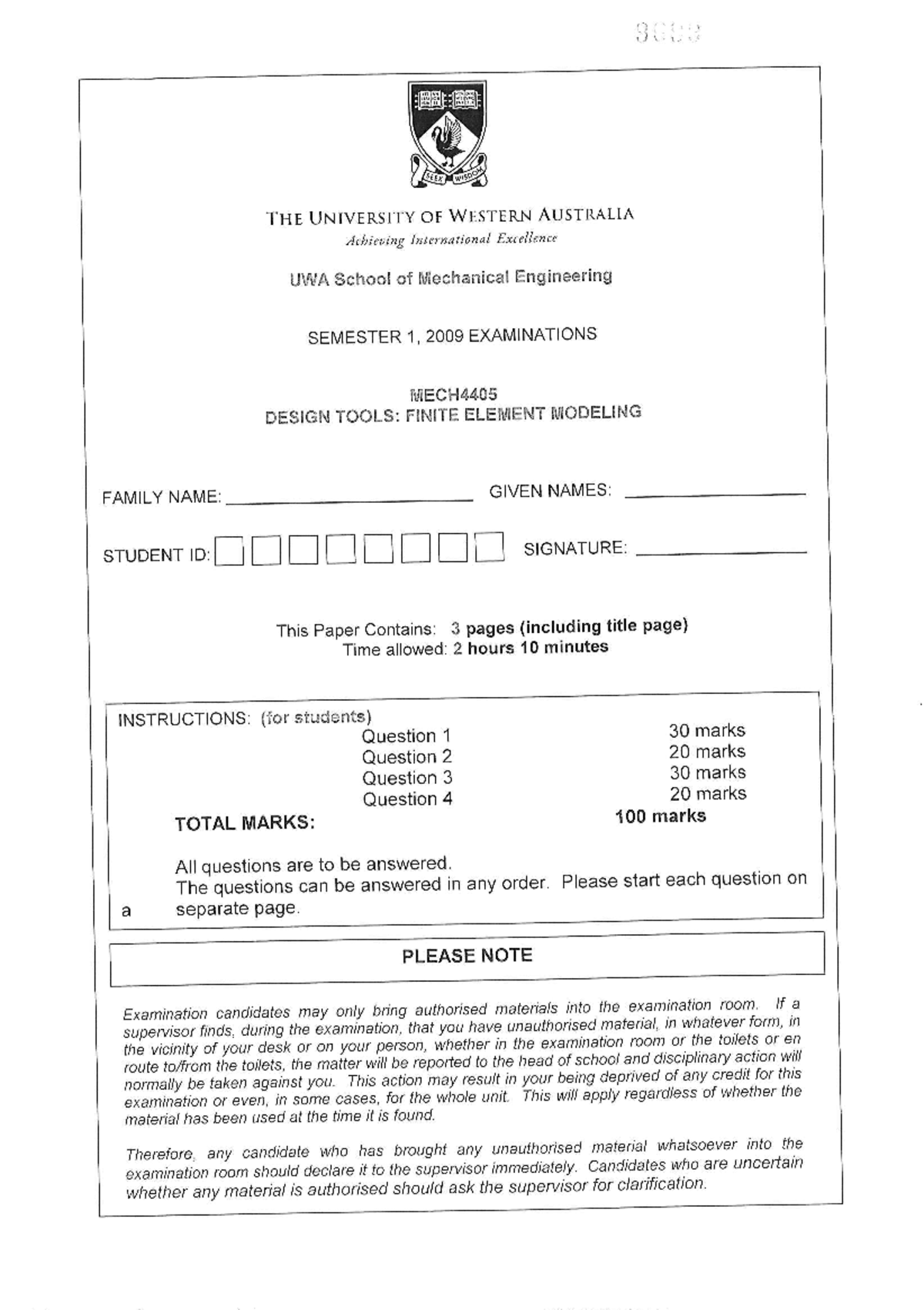 Exam 2010, questions and answers - THE UNIVERSITY OF WESTERN AUSTRALIA ...