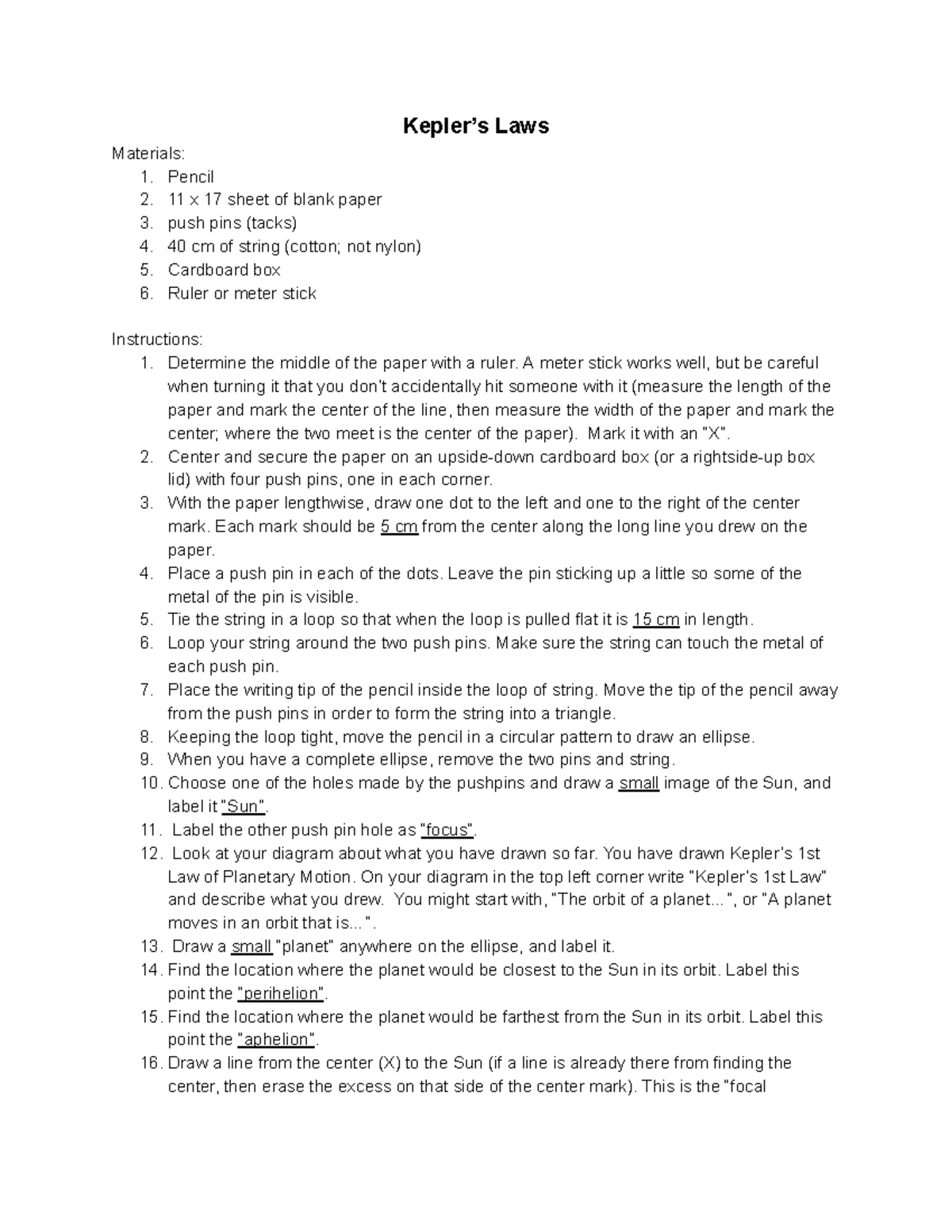 Cdoscher Kepler’s Laws - Kepler’s Laws Materials: 1. Pencil 2. 11 x 17 ...