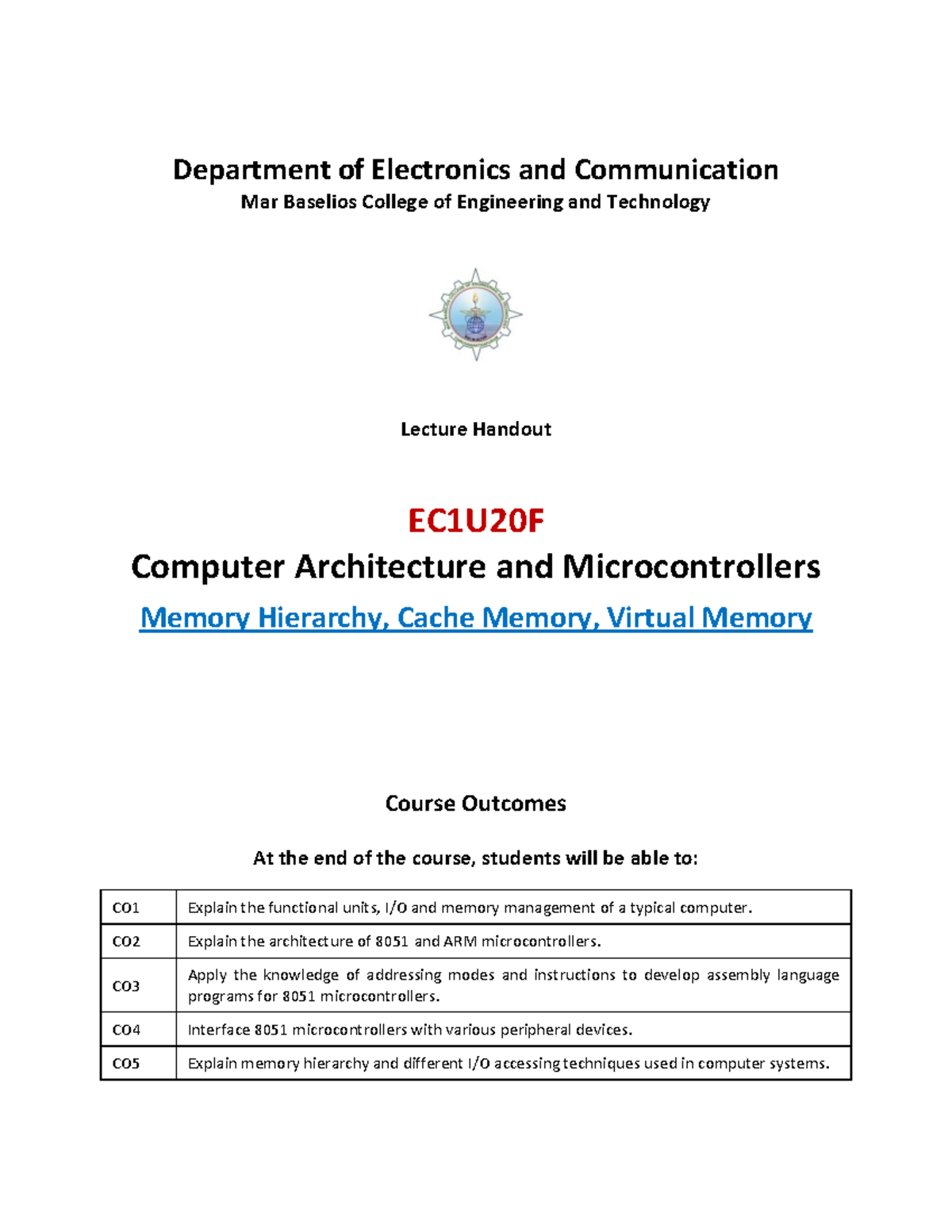 CAM handout-Memory Hierarchy, Cache and Virtual Memory - Department of Electronics and ...