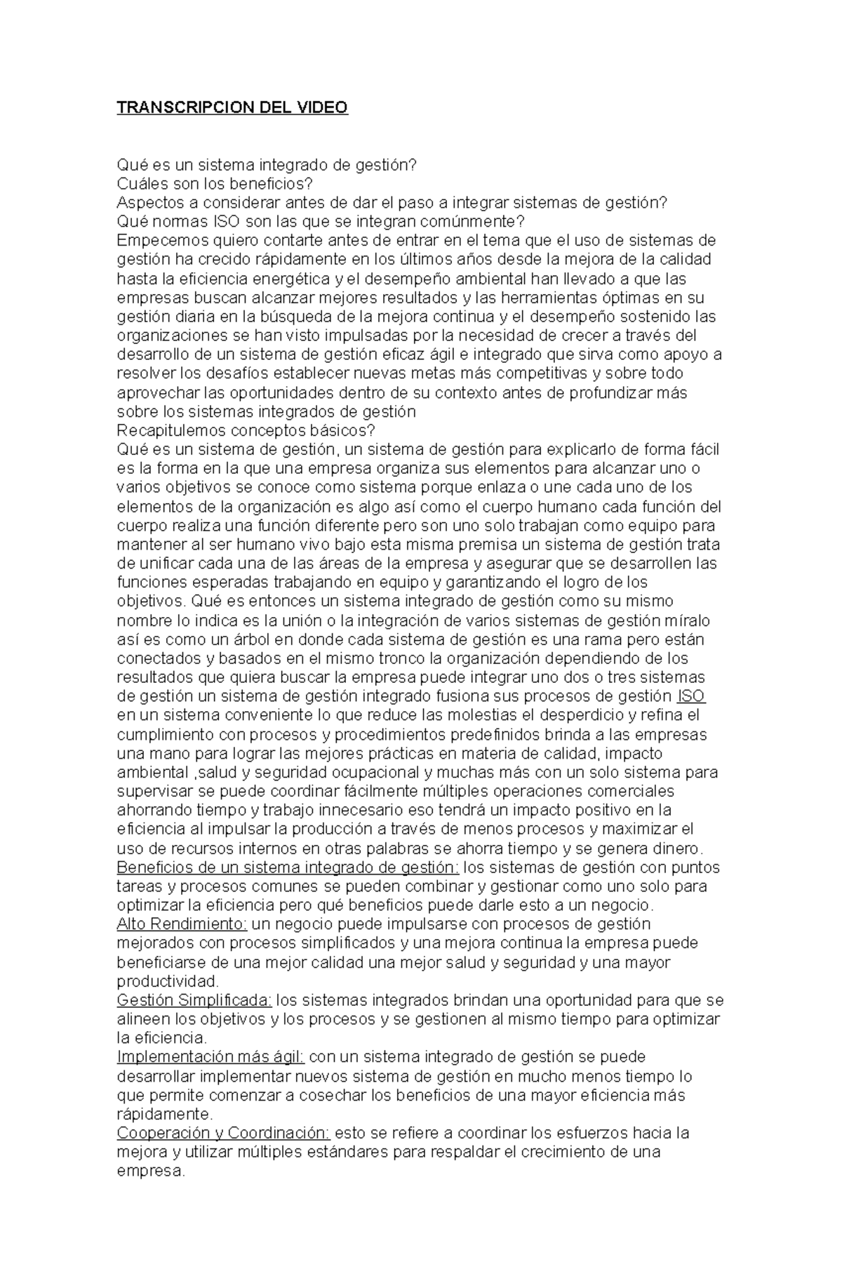 Transcripcion DEL Video - TRANSCRIPCION DEL VIDEO Qué es un sistema ...