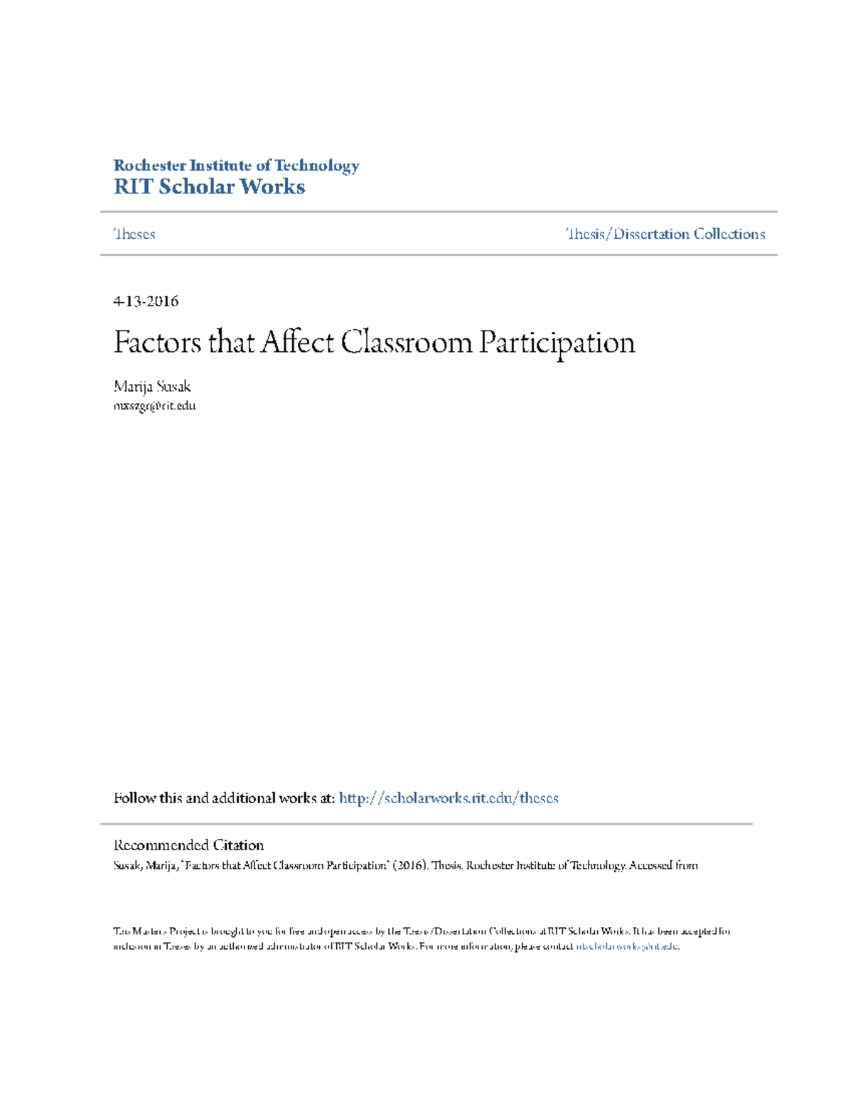 Factors that Affect Classroom Participation - Rochester Institute of ...
